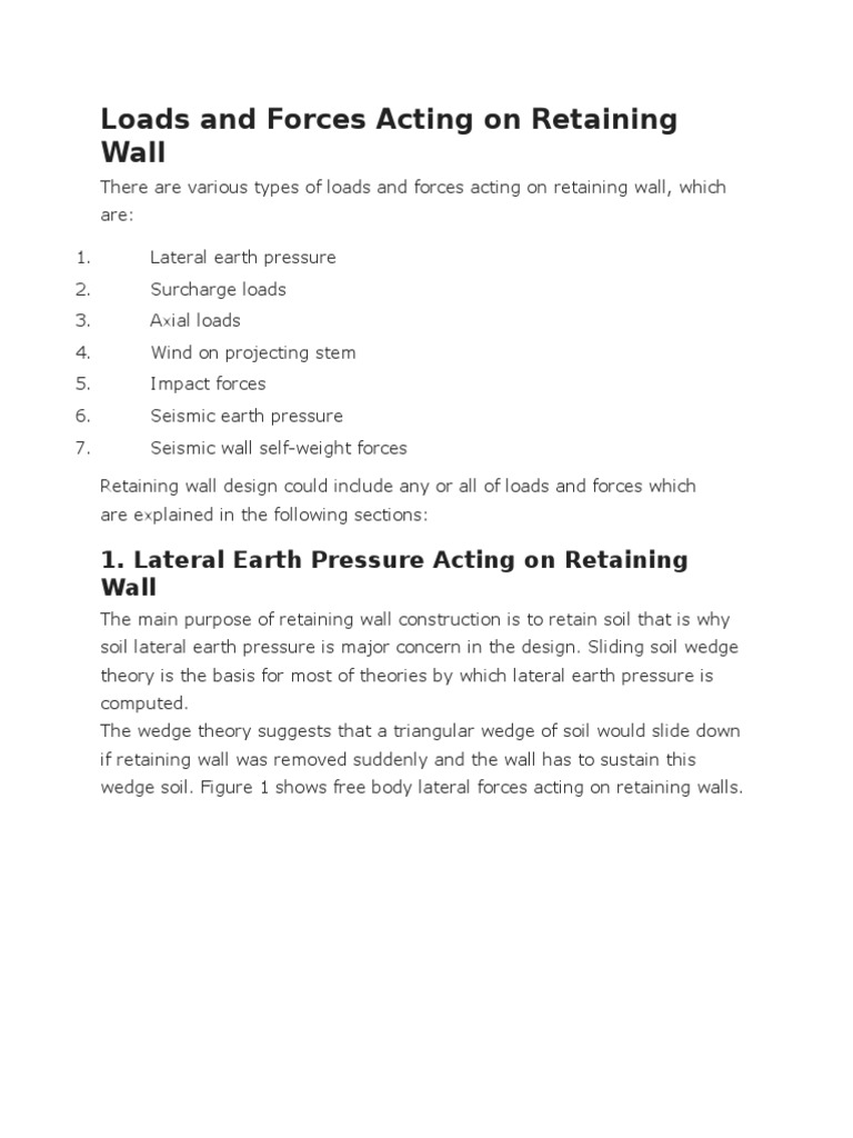 Loads and Forces Acting On Retaining Wall 1 | PDF | Friction ...