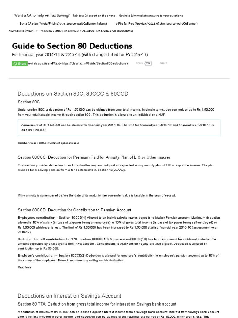 Guide To Section 80 Deductions | PDF | Tax Deduction | Loans