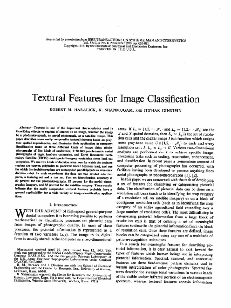 1973 - Haralick, Shanmugan, Dinstein - Textural Features For Image ...