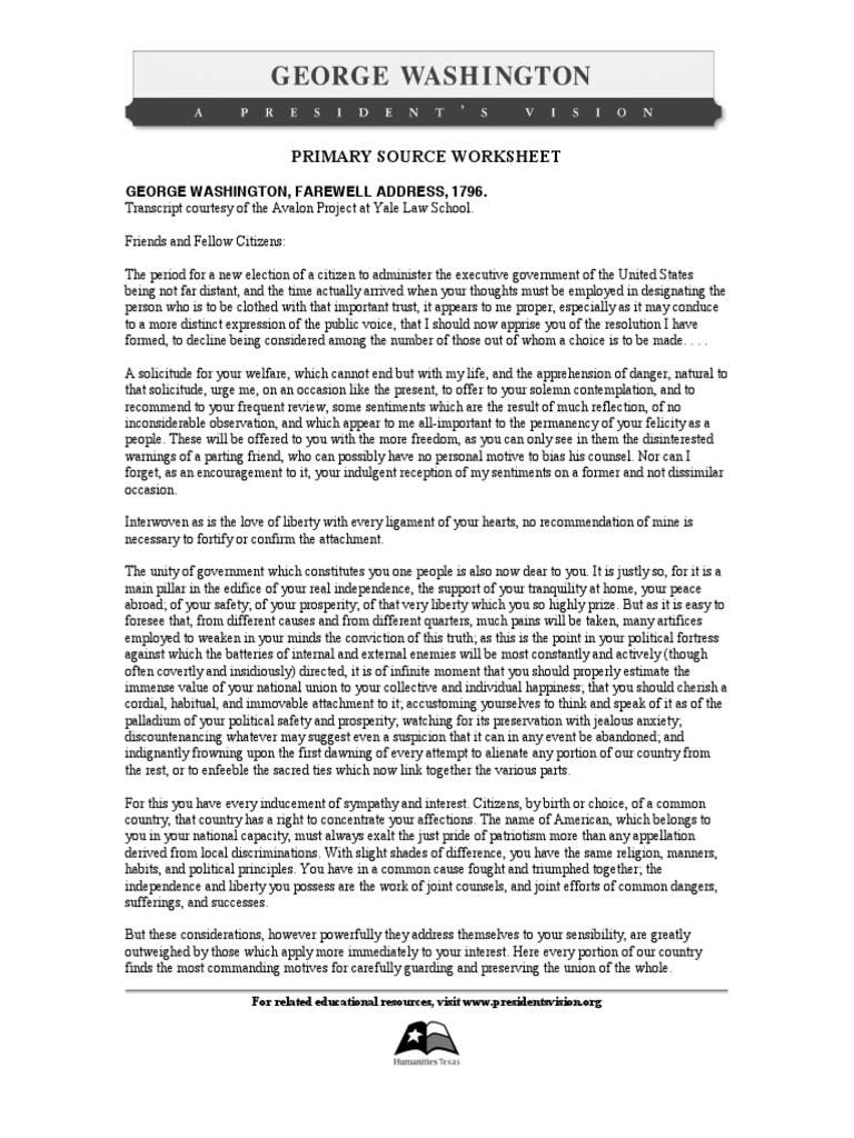 Primary Source Worksheet: George Washington, Farewell Address, 1796 ...