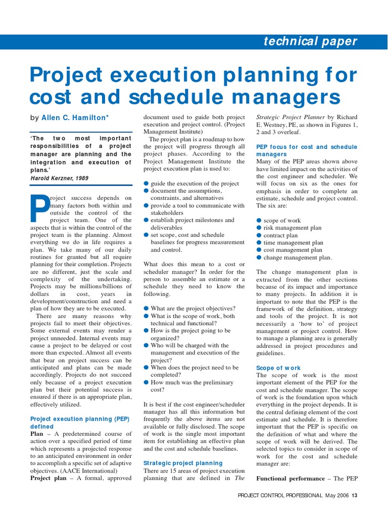 Project Execution Planning For Cost and Schedule Managers: Technical ...