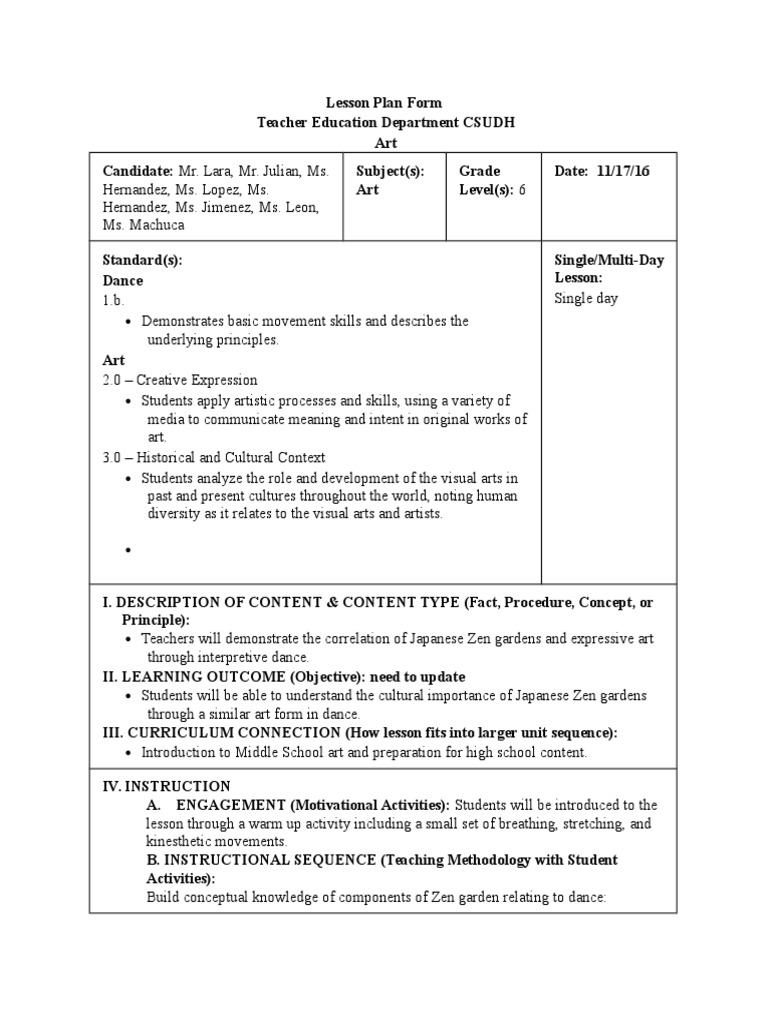 lesson plan form art-dance | Lesson Plan | Dances