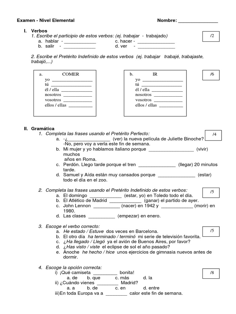 Examen de Español: Nivel Elemental | PDF
