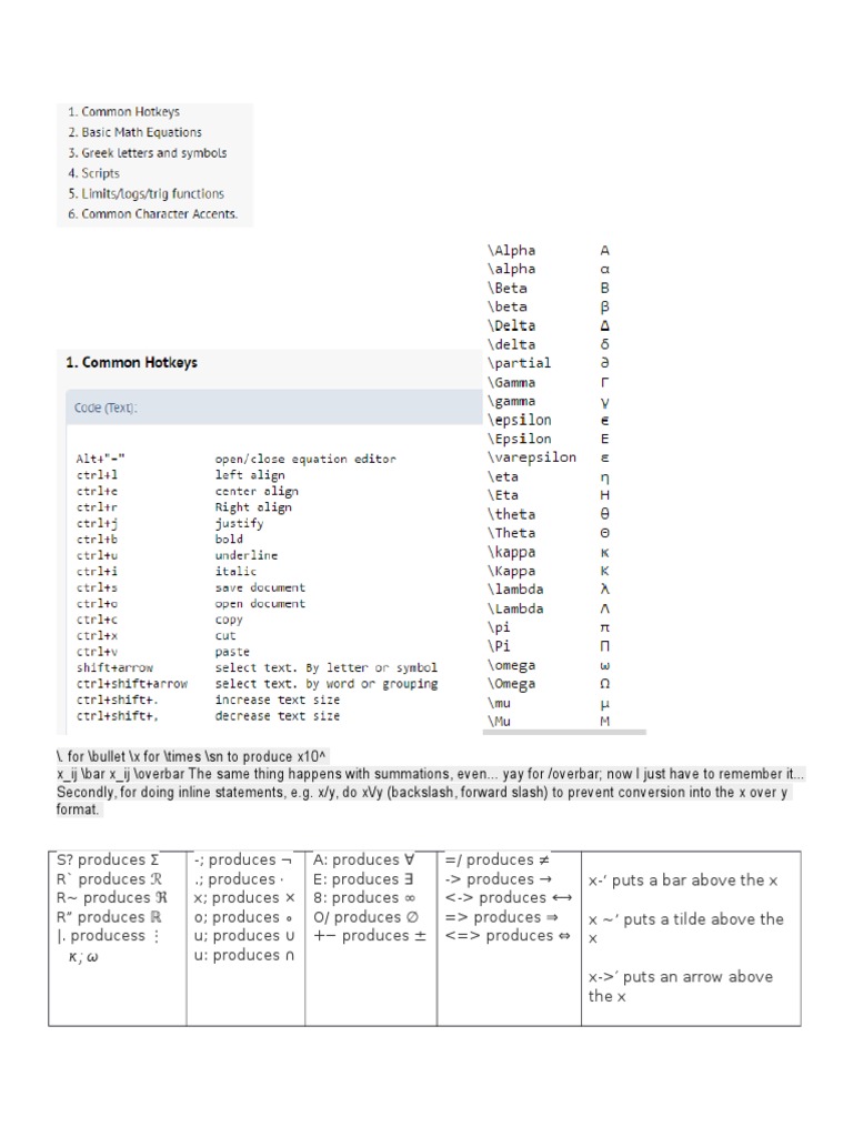 Equation Editor Shortcuts | PDF | Matrix (Mathematics) | Algebra