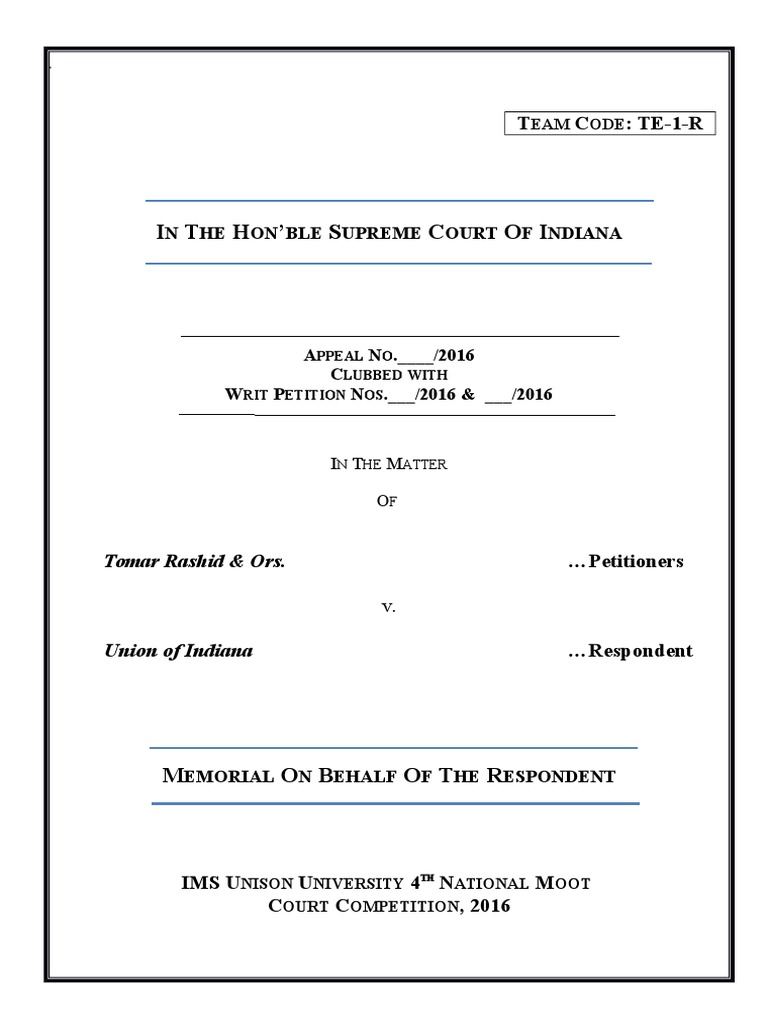 4th IMS Unision Moot Memo | Supreme Court Of India | Constitutionality