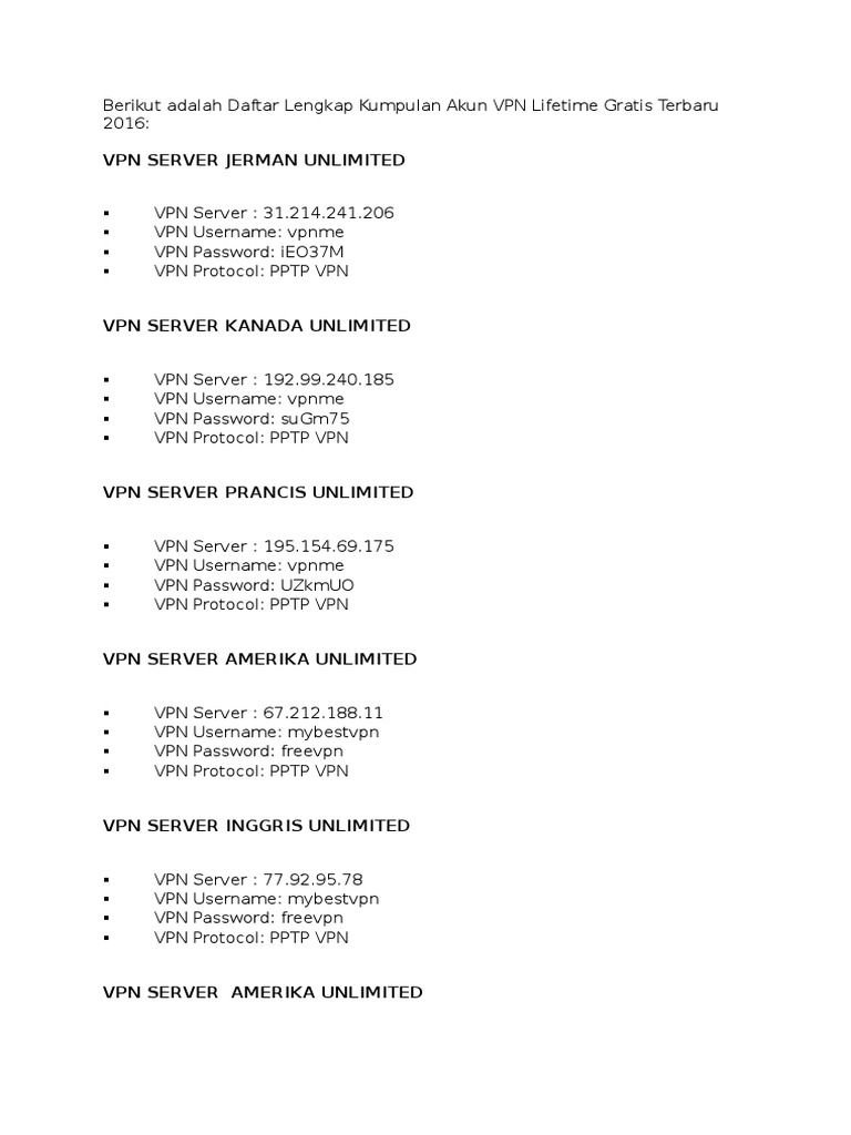 Berikut Adalah Daftar Lengkap Kumpulan Akun VPN Lifetime Gratis Terbaru ...