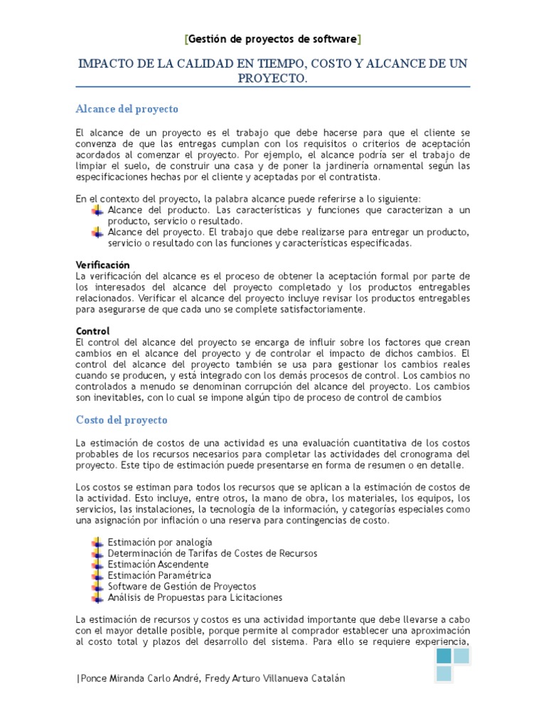Impacto de La Calidad en Tiempo, Costo y Alcance de Un Proyecto ...