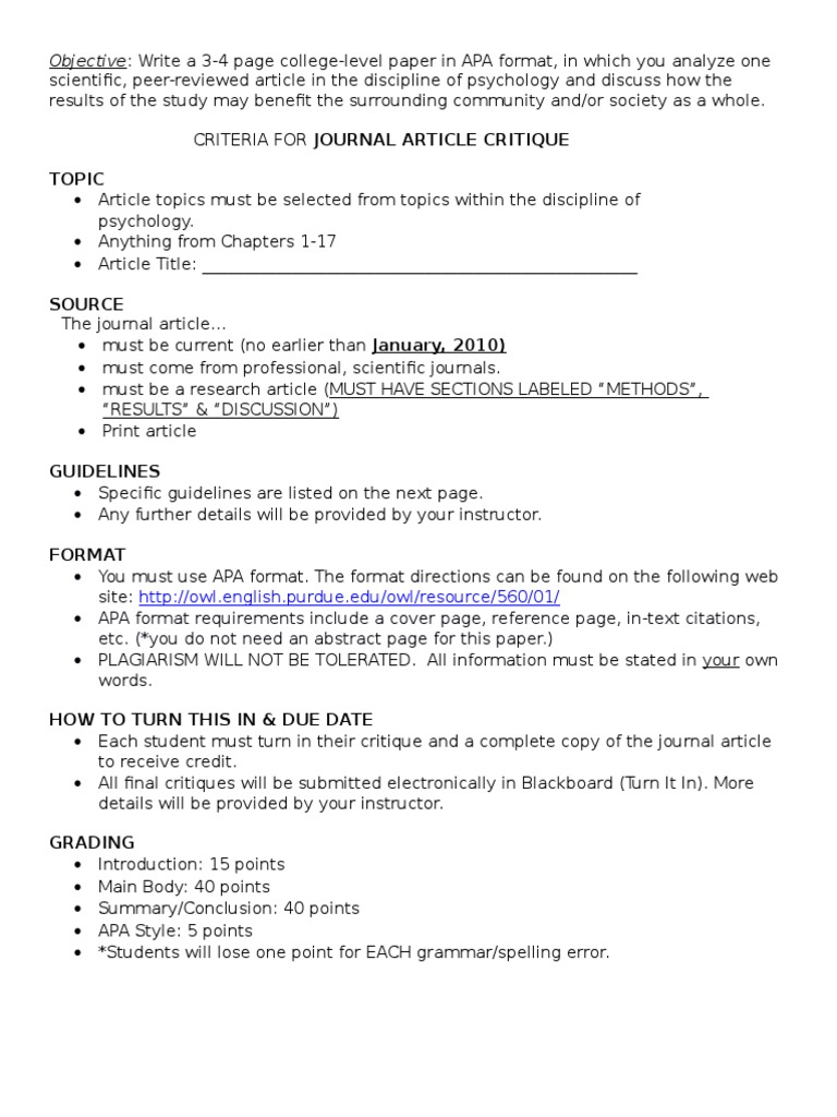 Apa Article Critique Sample