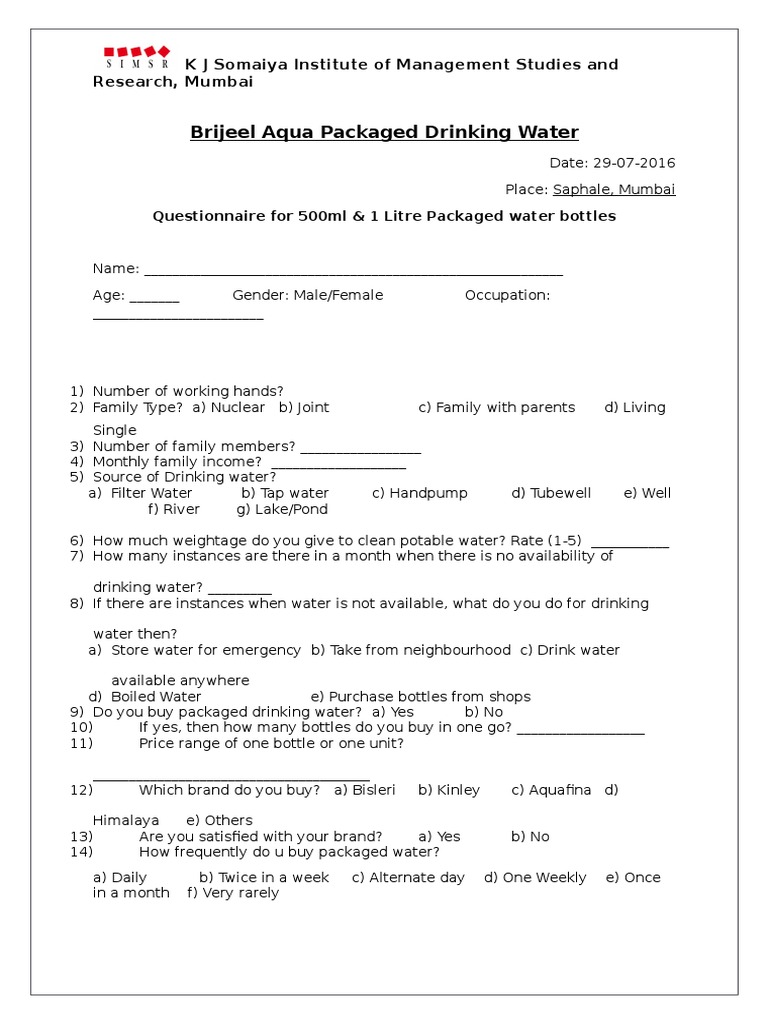 Questionnaire on Packaged Drinking Water | PDF | Cooking, Food & Wine