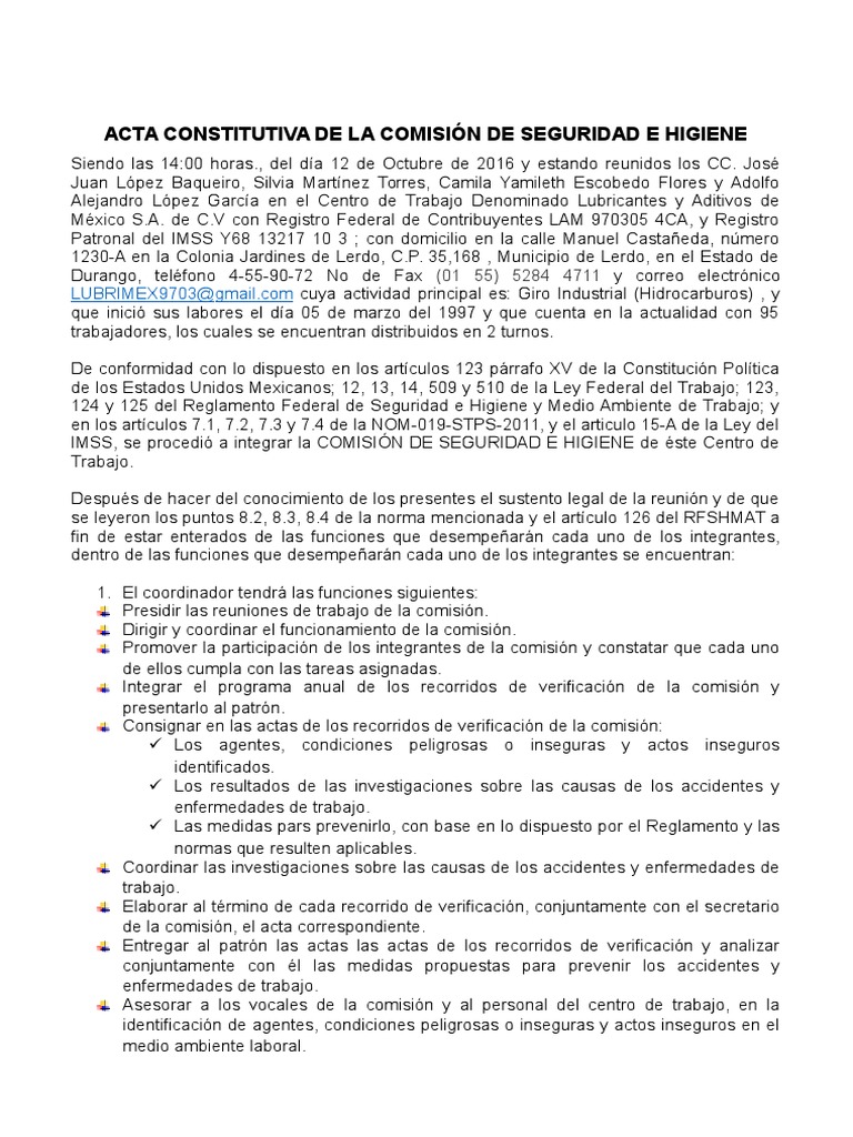 Acta Constitutiva de Una Comisión Mixta de Seguridad e Higiene | PDF | México | Esfera pública