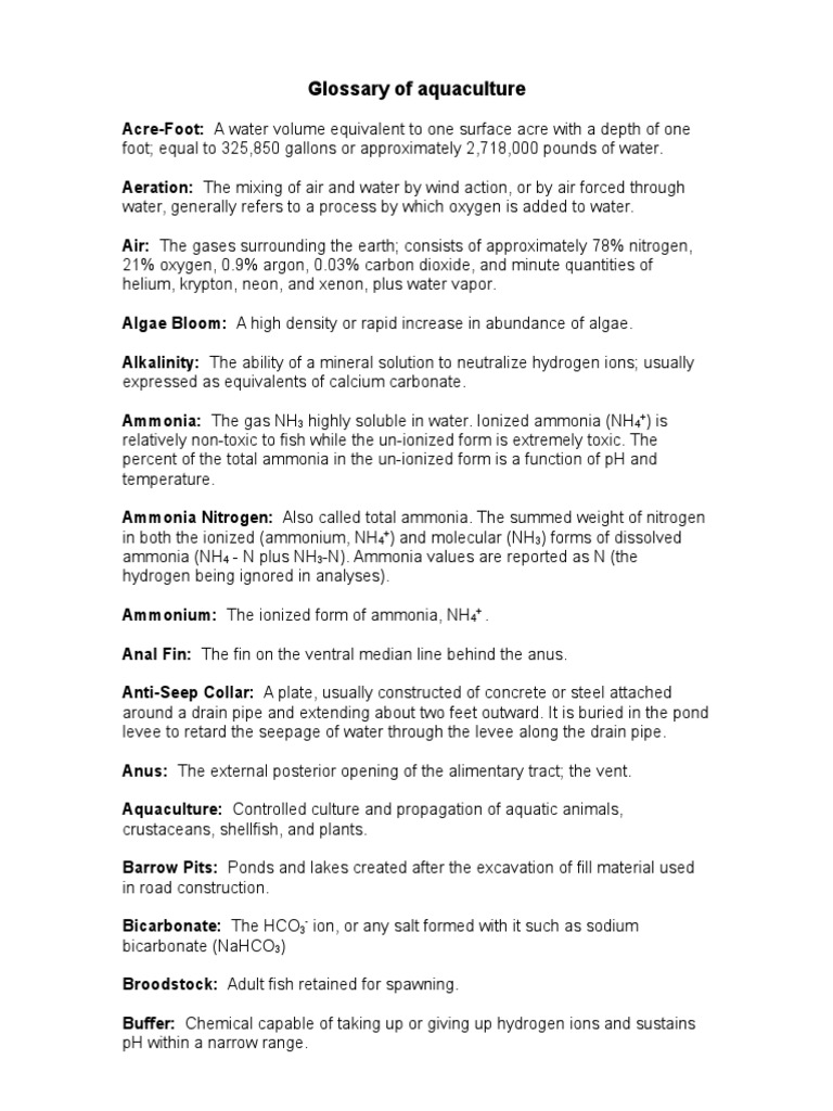 Glossary of Aquaculture | PDF | Water | Ammonia
