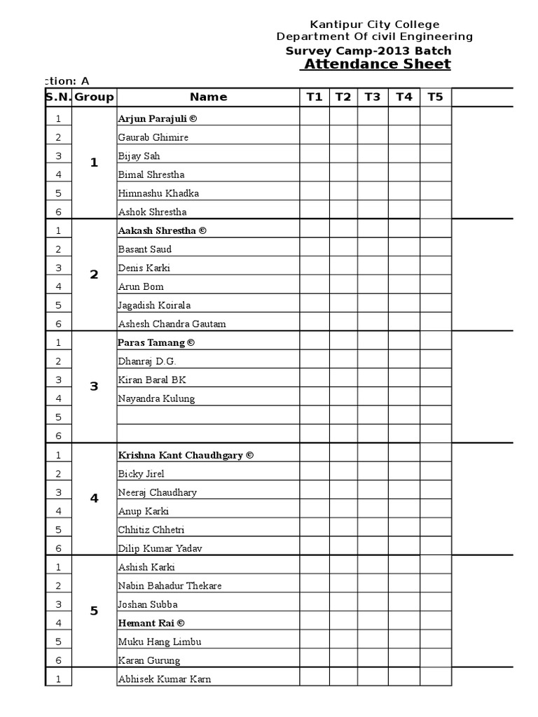 Attendance Sheet: Survey Camp-2013 Batch | PDF
