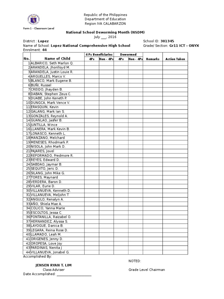 National School Deworming Month (NSDM) : Form 1 - Classroom Level | PDF