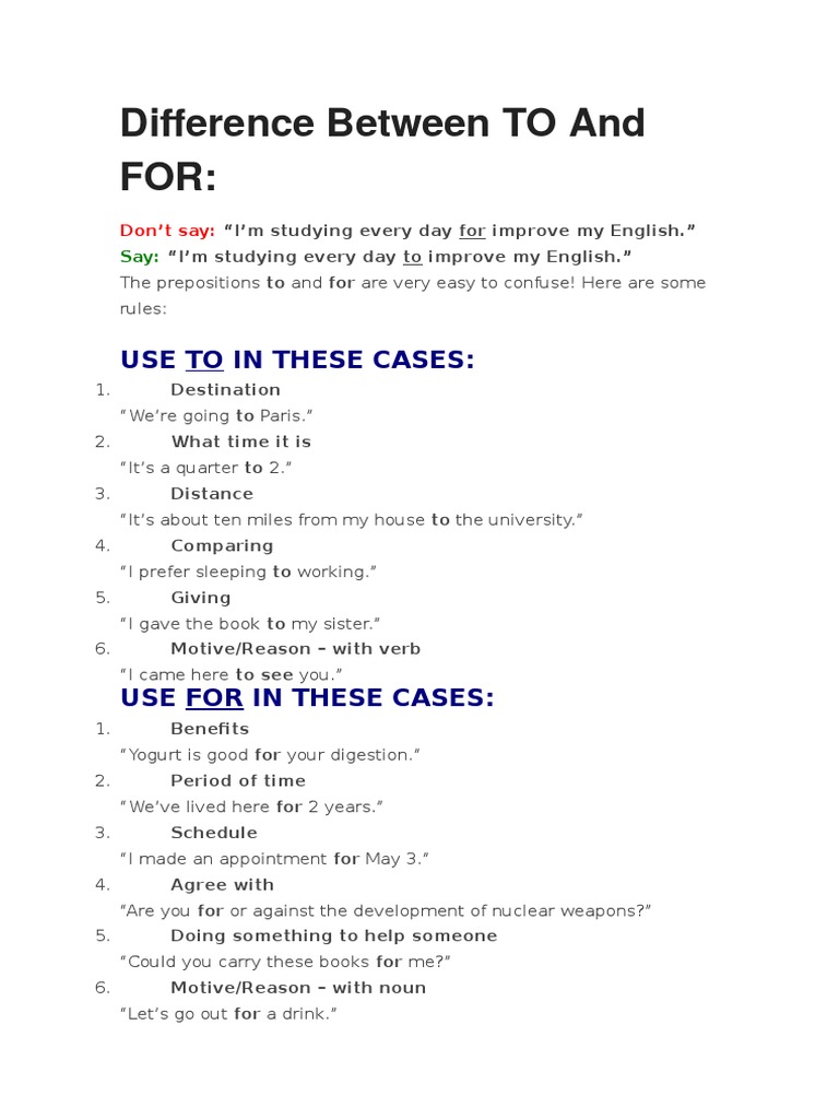 Difference Between TO and For:: Use To in These Cases | PDF