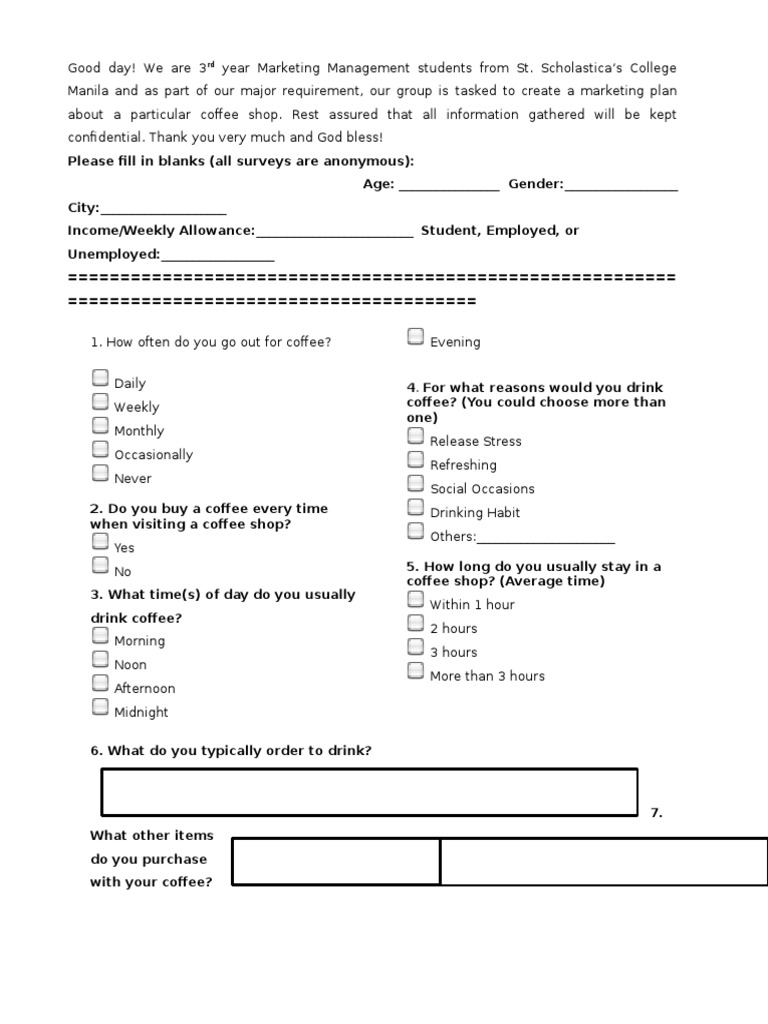 Bos Coffee Survey Questionaire | PDF | Coffee | Coffeehouse