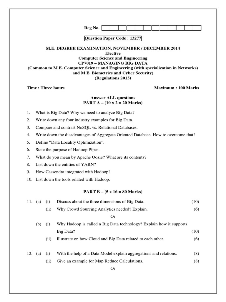 CP7019-Managing Big Data-Anna University - Question Paper | PDF | Apache Hadoop | Big Data