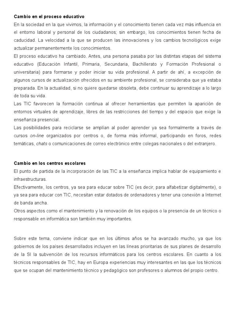 Cambio En El Proceso Educativo Pdf Tecnología De Información Y