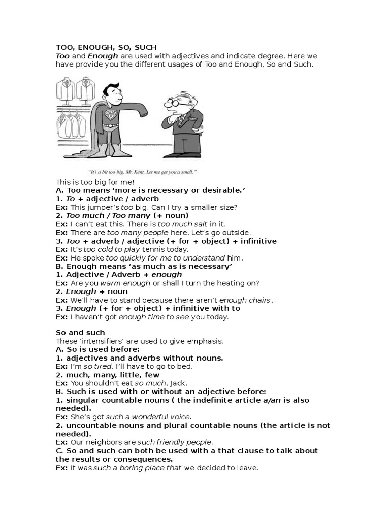 Too, Enough, So and Such Explained | PDF | Noun | Adjective