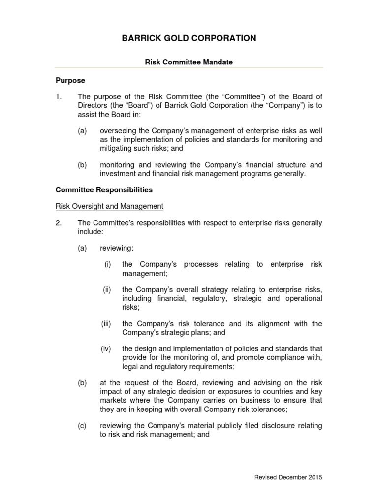 Risk Committee Mandate | PDF | Committee | Risk