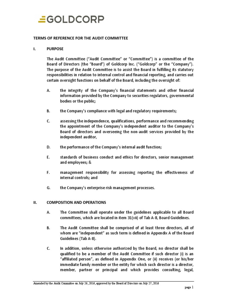 Terms of Reference For The Audit Committee I.: Purpose | PDF | Audit ...