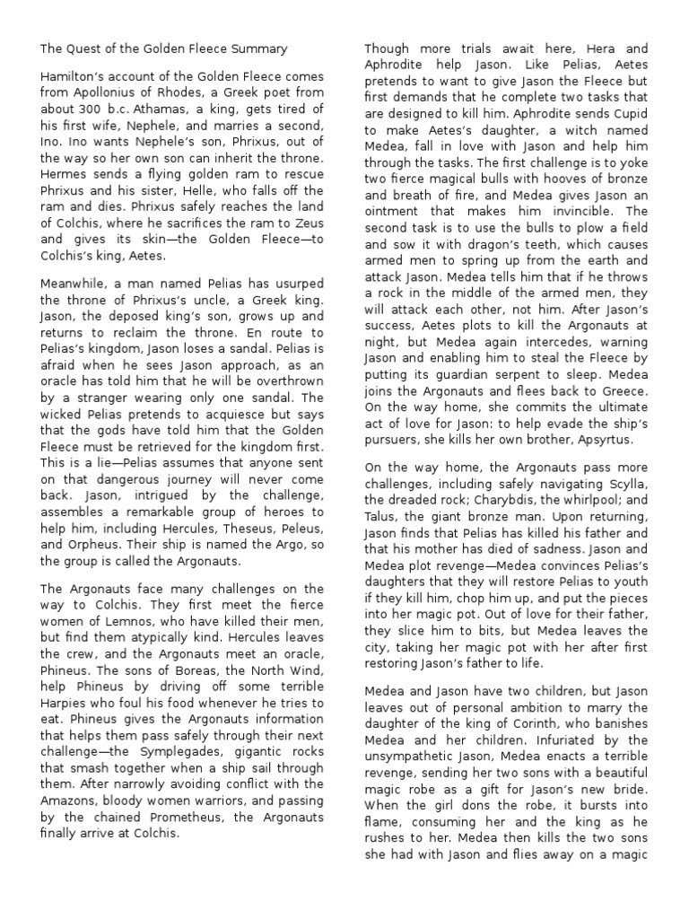 The Quest of The Golden Fleece Summary | PDF | Jason | Argonauts