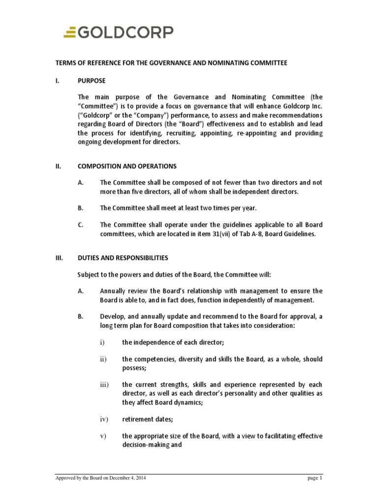 Governance and Nominating Committee Terms | PDF | Board Of Directors ...