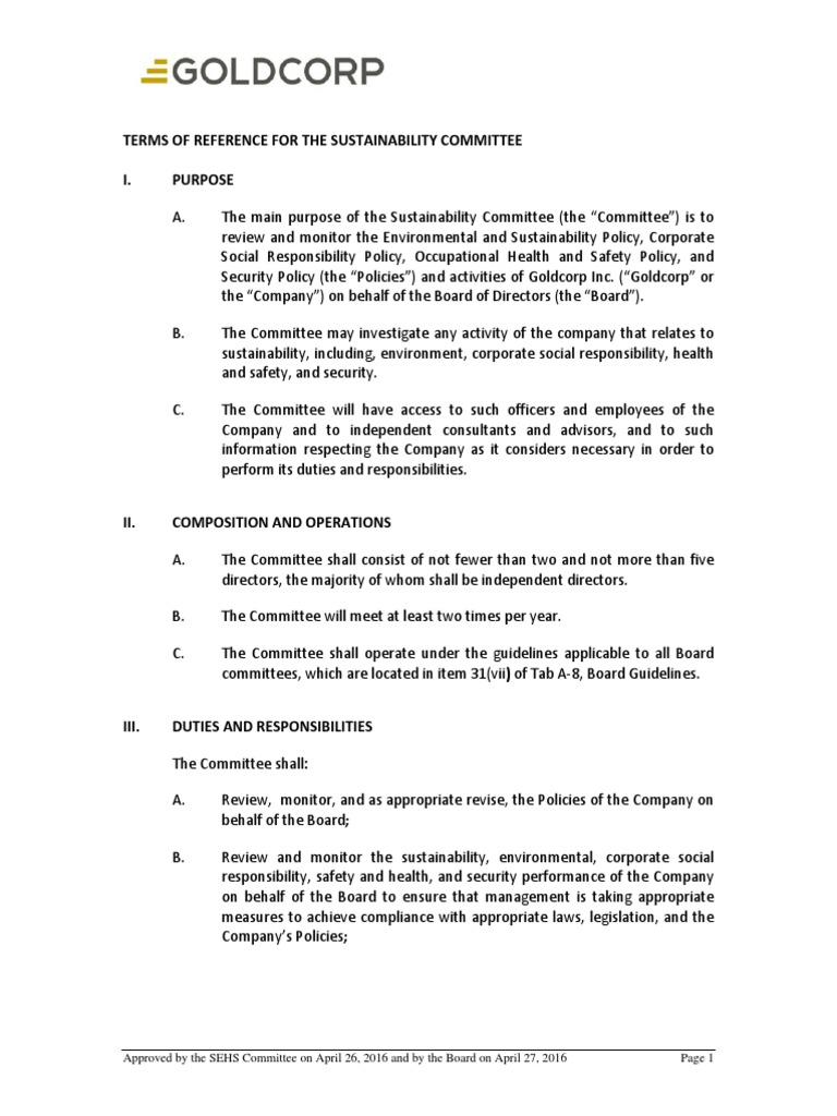 Terms of Reference For The Sustainability Committee I. Purpose ...
