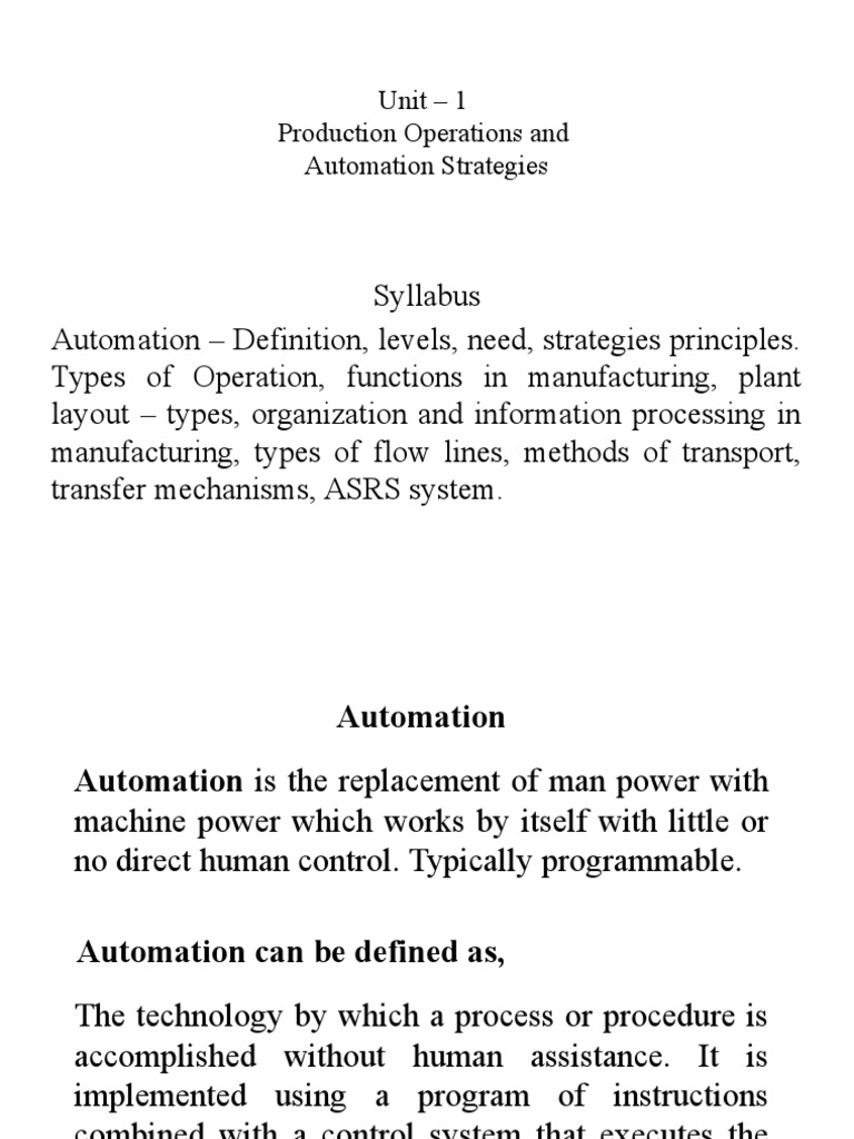 Unit - 1 Production Operations and Automation Strategies | PDF ...