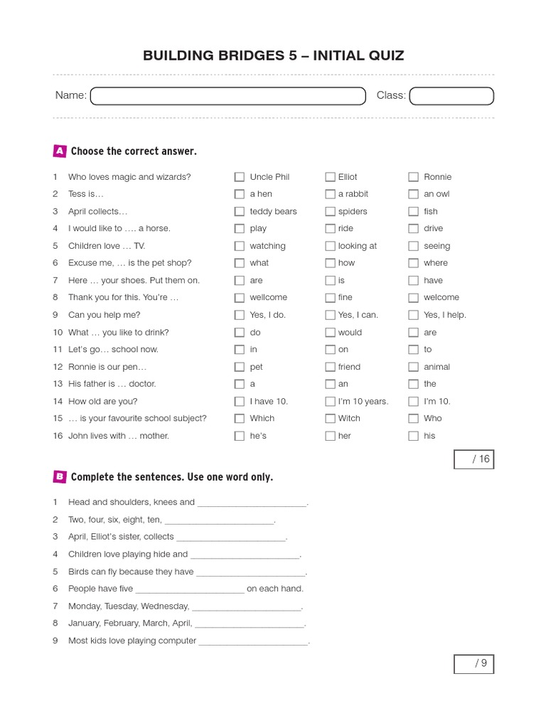 Building Bridges 5 INITIAL QUIZ - Interaktivan PDF | PDF