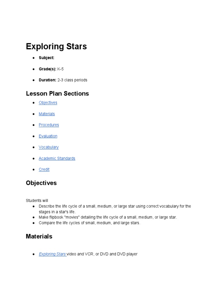 Exploring Stars: Lesson Plan Sections | PDF | Nebula | Stars