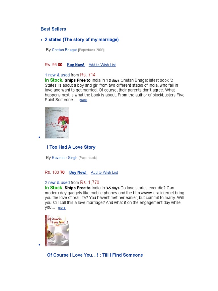 2 States (The Story of My Marriage) : Best Sellers | PDF | Books