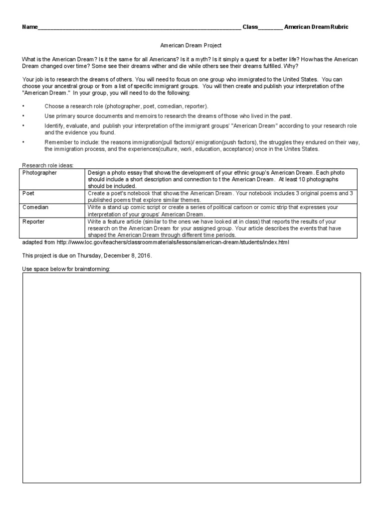 Americandreamtaskrubric 2016 | PDF | Dream | Immigration