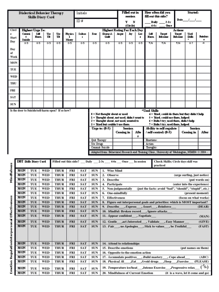 Dialectical Behavior Therapy Skills Diary Card: Initials ID# | PDF ...