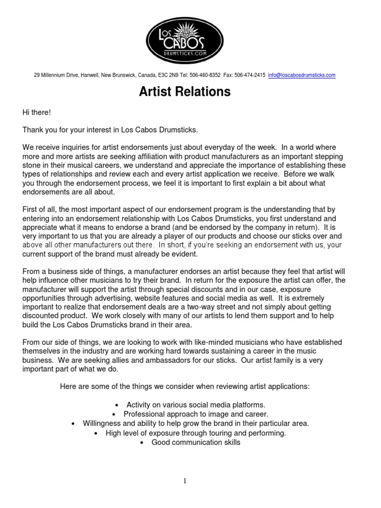 2013 Artist Endorsement Application Full Package | PDF | Brand | Email