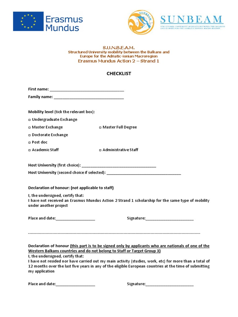 Checklist: S.U.N.B.E.A.M. Erasmus Mundus Action 2 - Strand 1 | PDF | Educational Assessment And ...
