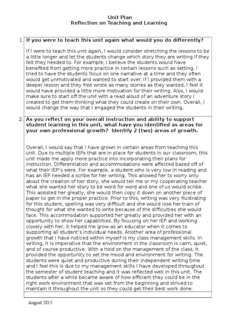 Unit Plan Reflection On Teaching and Learning | PDF | Individualized ...