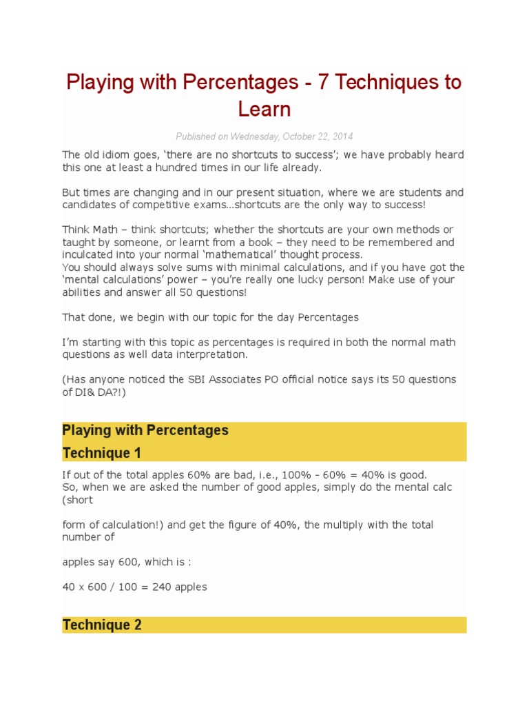 Playing With Percentages - 7 Techniques To Learn | PDF | Percentage ...