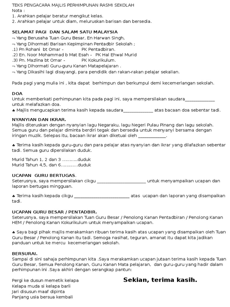 Teks Pengacara Majlis Perhimpunan Rasmi Sekolah | PDF