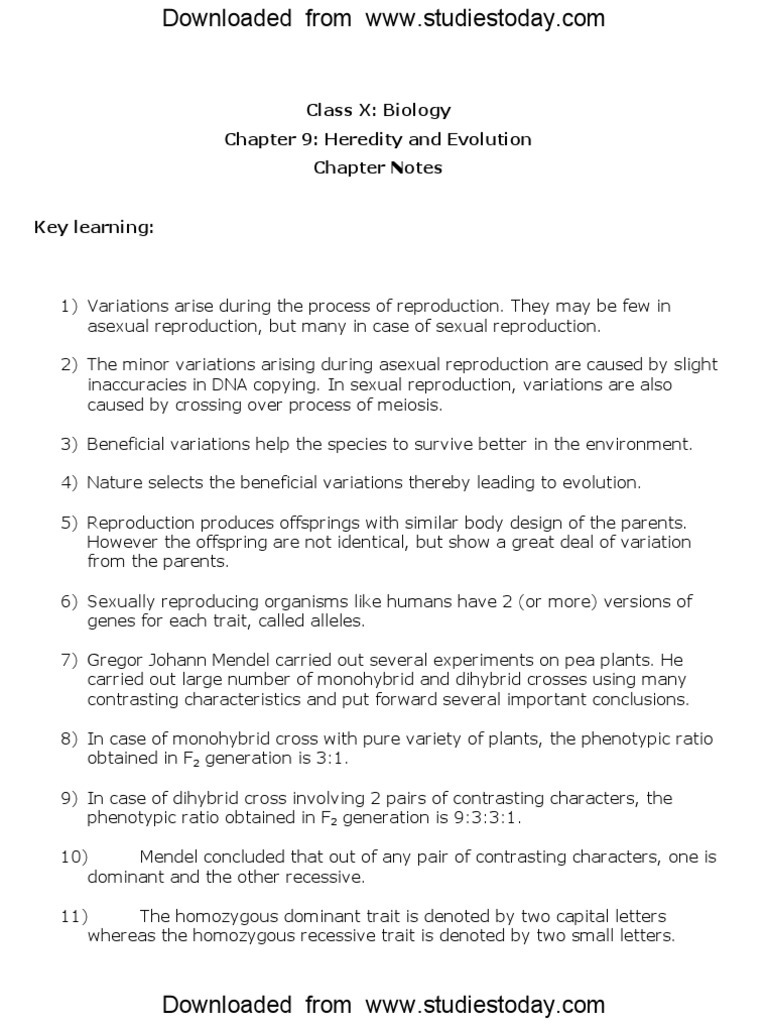 CBSE Class 10 Biology Heredity & Evolution Notes | PDF | Gene | Sex