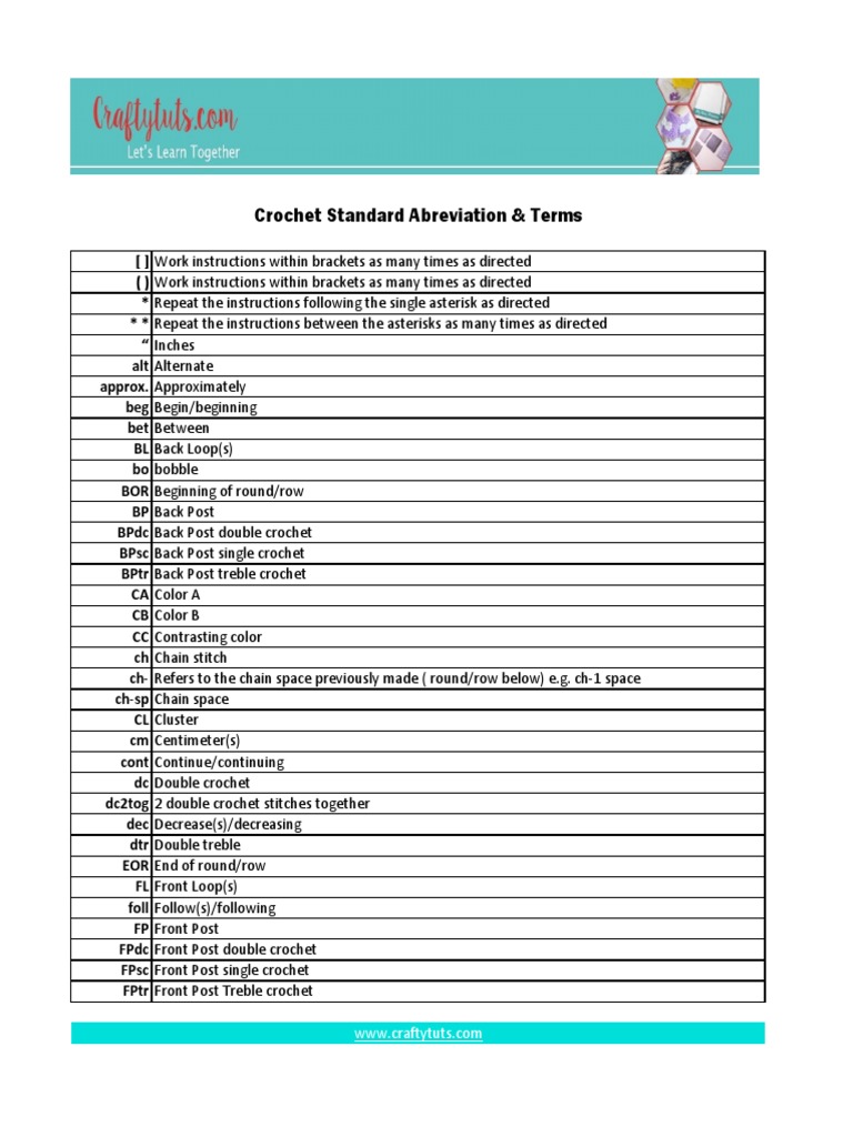 Craftytuts Crochet Standard Abbreviation | PDF