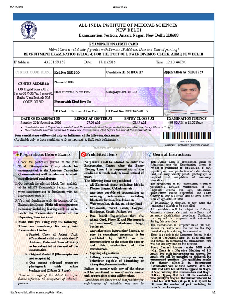 Admit Card for the Recruitment Examination (Stage-I) for the Post of ...