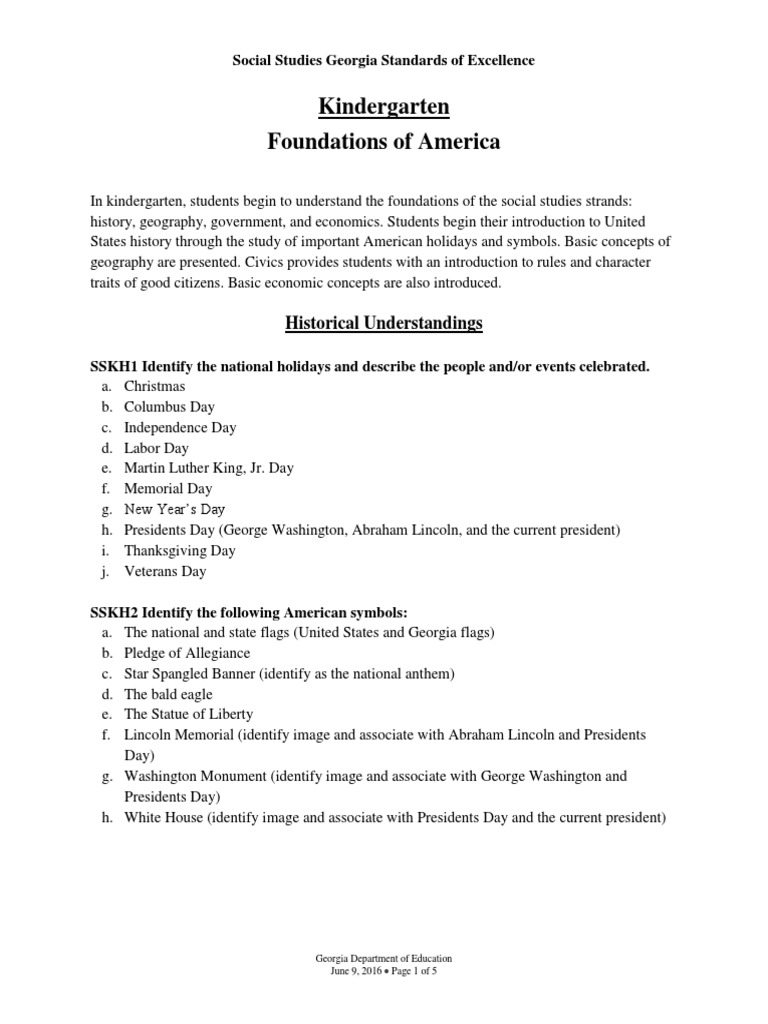 Social Studies Kindergarten Georgia Standards | PDF | Map | Chart