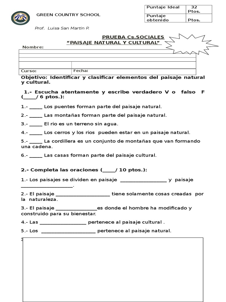 Prueba Paisaje Natural y Cultural | PDF