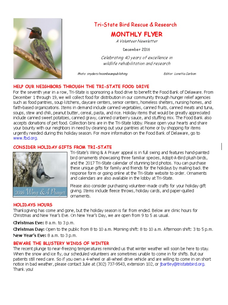 Monthly Flyer: Tri-State Bird Rescue & Research | PDF | Food Bank | Birds