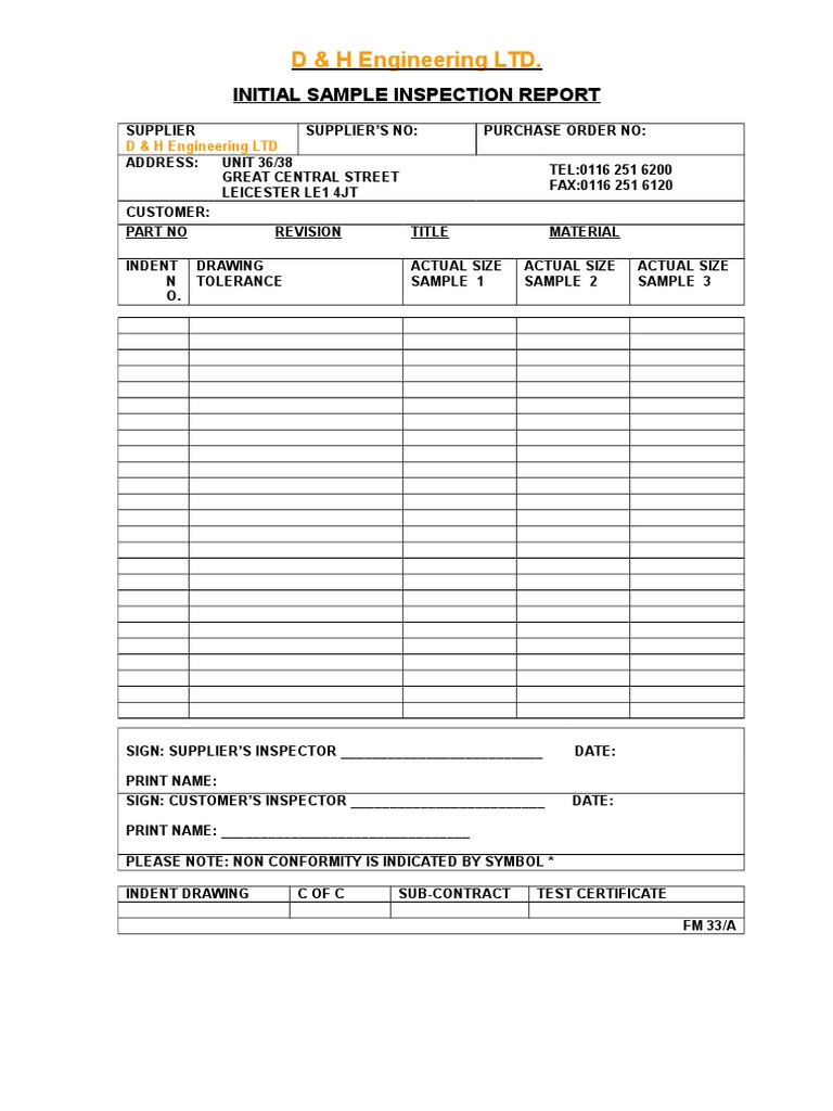 D & H Engineering LTD.: Initial Sample Inspection Report | PDF