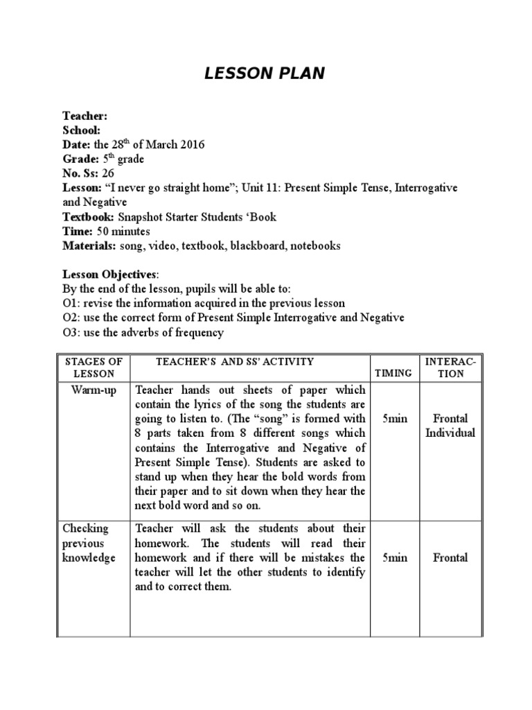 Lesson Plan: Stages of Lesson Teacher'S and SS' Activity Interac-Tion ...