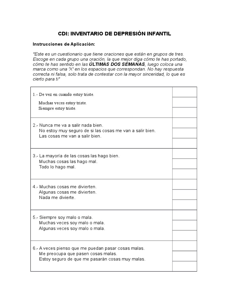 CDI Escala de Depresion Infantil | Estado de ánimo (psicología ...