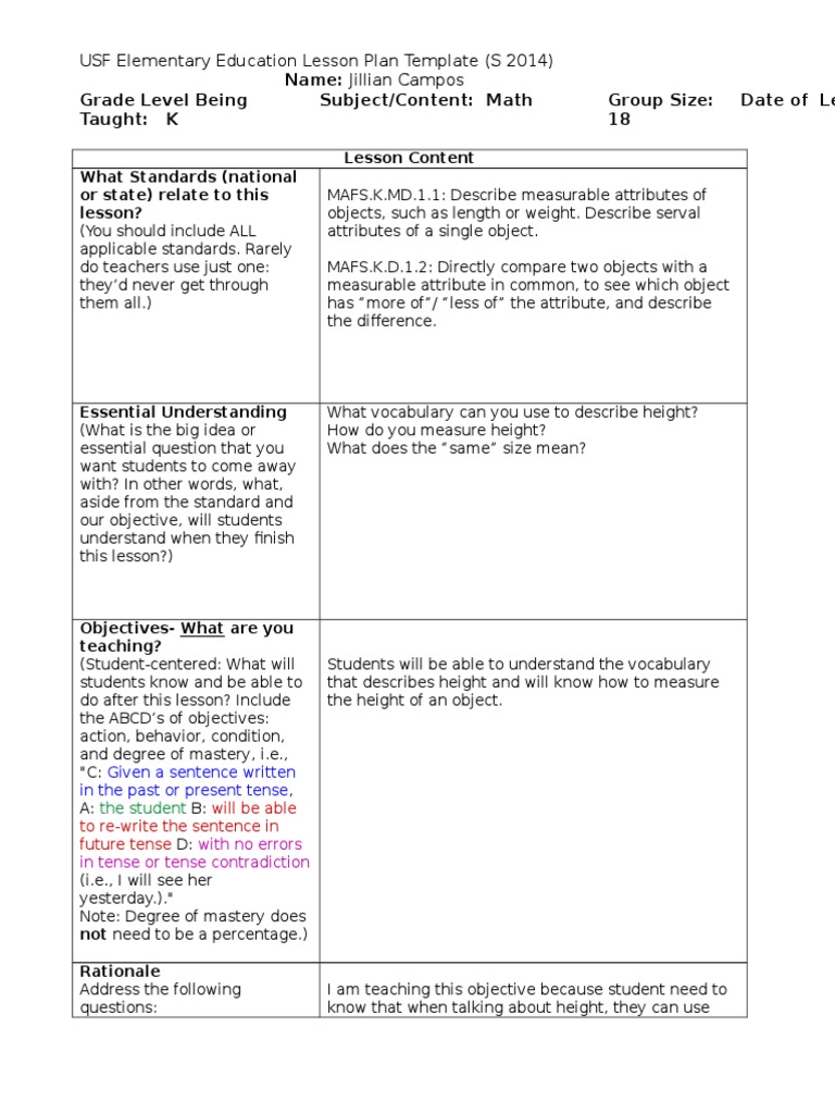 Measuring Height Lesson Plan | PDF | Teaching Method | Lesson Plan