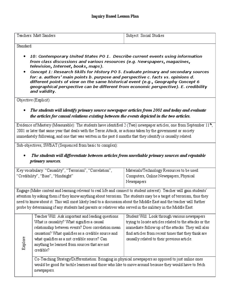 Inquiry Based Lesson Plan | PDF | Causality | Lesson Plan