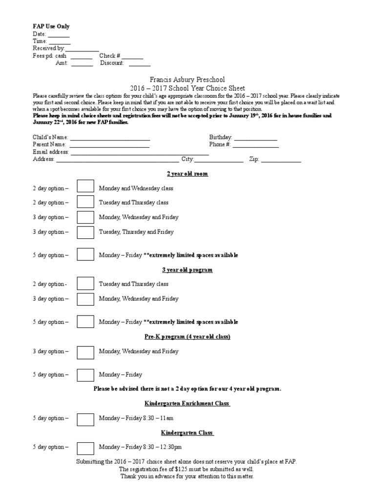 2016 - 2017 Choice Sheet | PDF